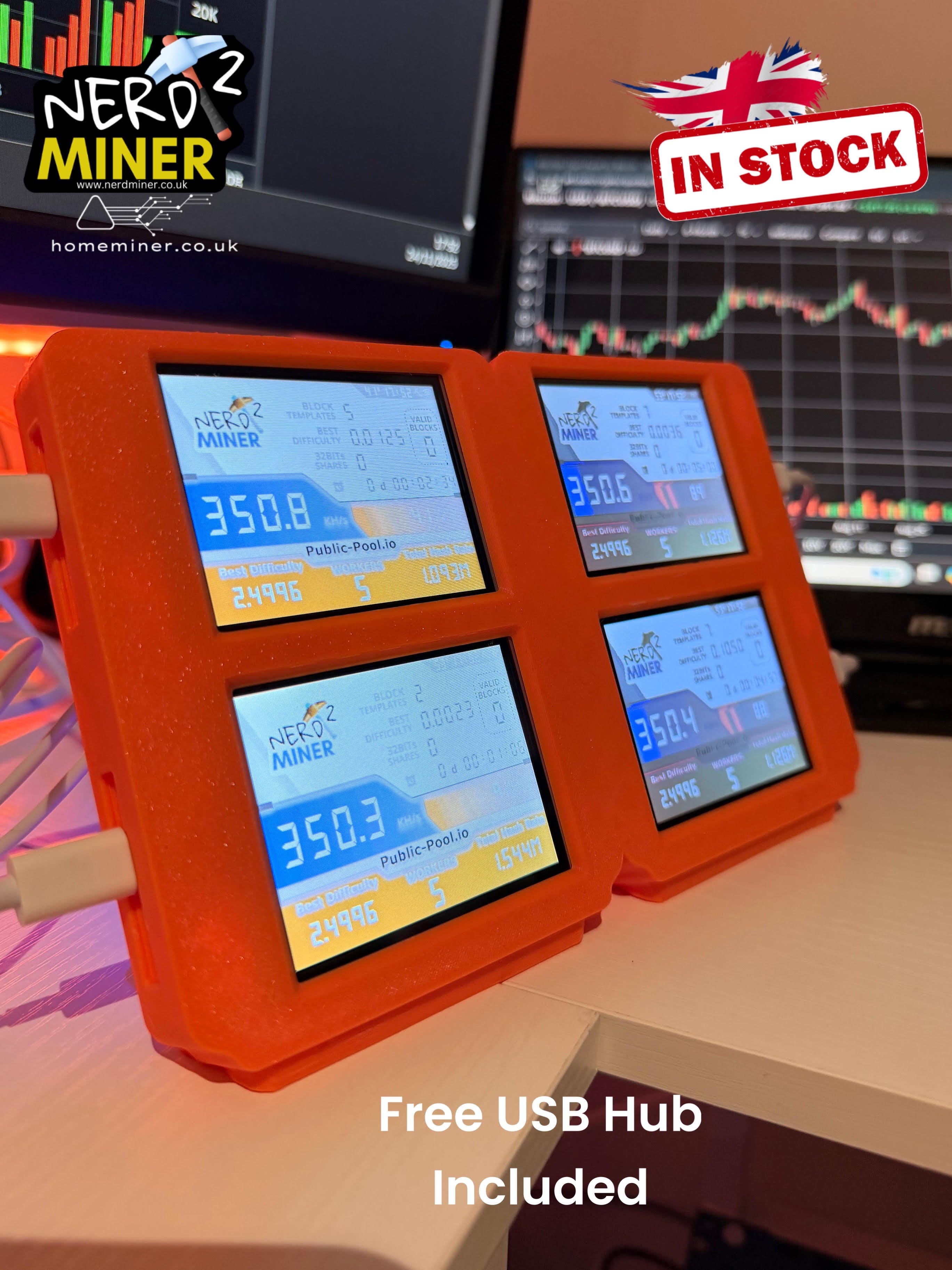 Quad X 4 Nerdminer V2 Mining Rig – Bitcoin Lottery – USB Hub Included ...